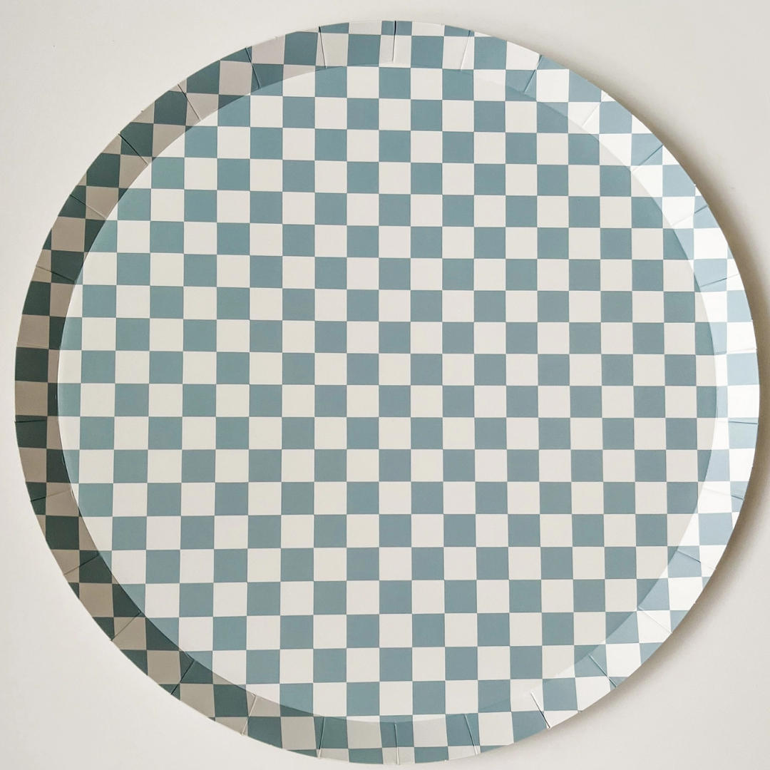 Muted Blue Checkered Large Paper Plates (Pack of 12) | Ellie and Piper